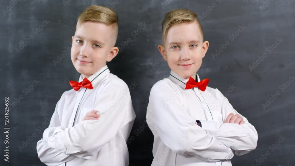 Waist-up portrait shot of Caucasian identical twin brothers, wearing ...