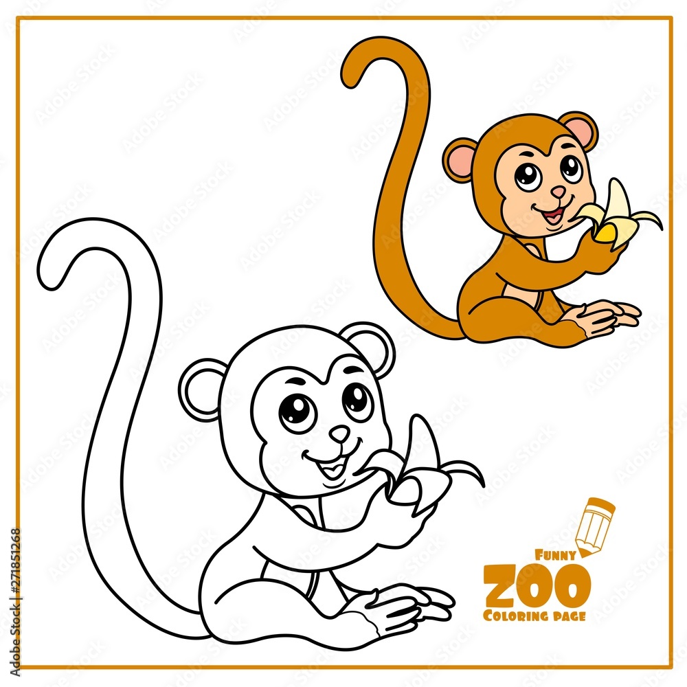 Cute cartoon little monkey eating banana color and outlined on a white ...