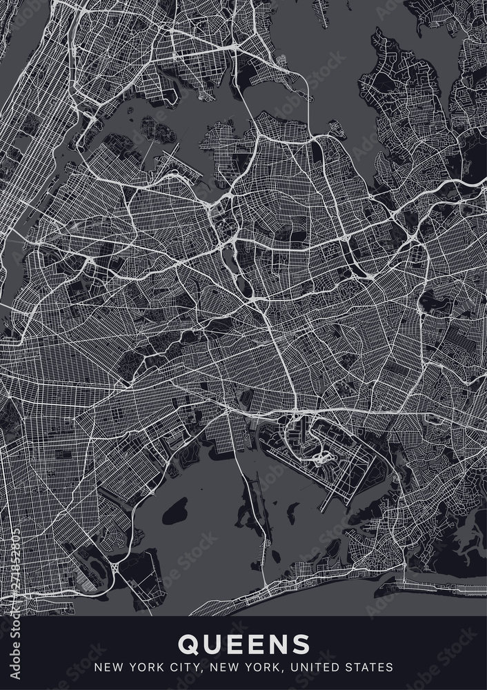 Queens map. Dark poster with map of Queens borough (New York, United ...