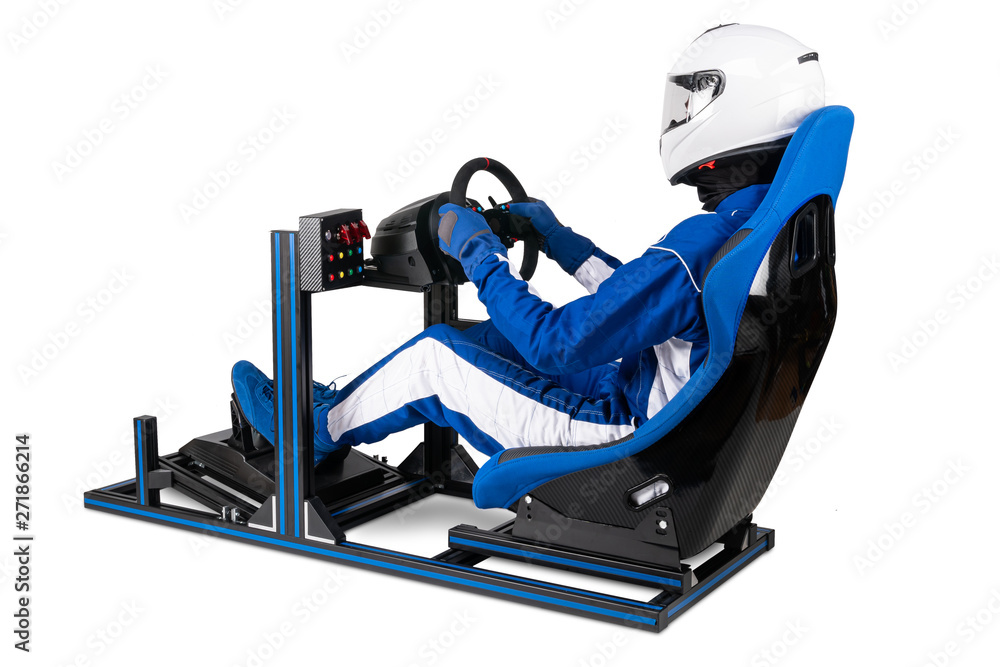 race driver in blue overall with helmet training on simracing aluminum ...
