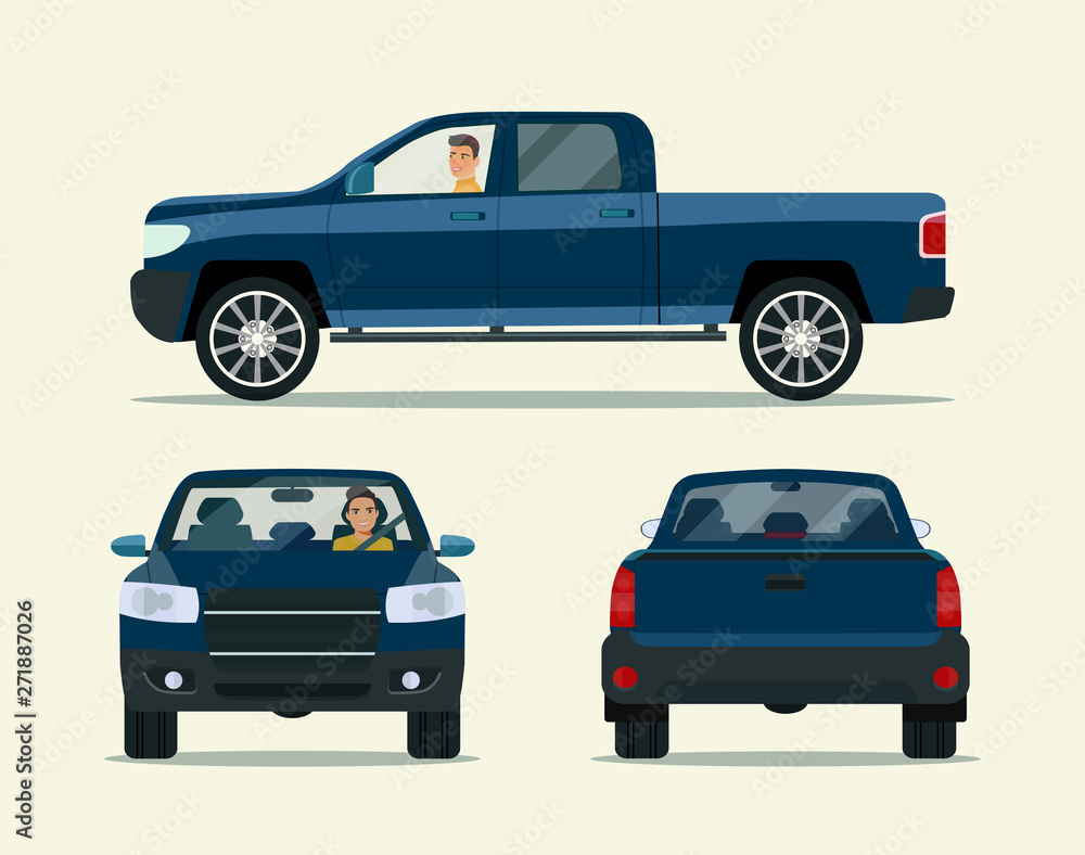 Pickup truck two angle set. Car with driver man side view, back view ...