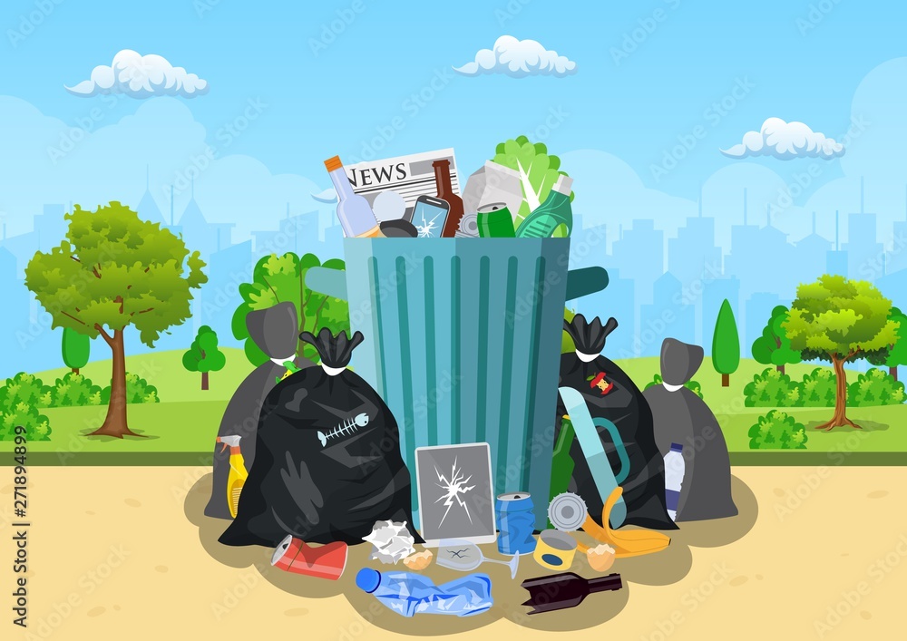 Garbage dump with rubbish bin for recycling in park. Different types of ...
