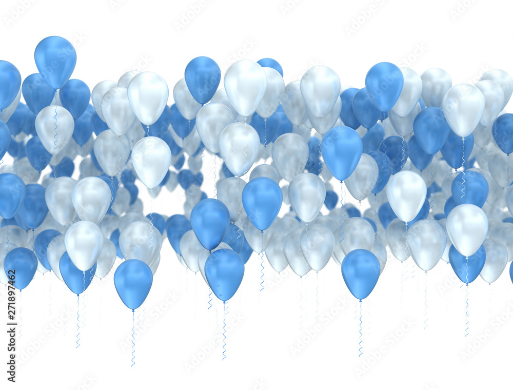 Blue and white balloons isolated. Celebration background, 3d render ...