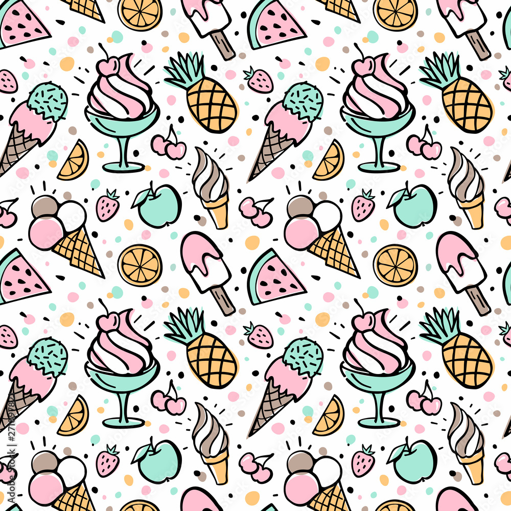 Doodle ice cream and fruit seamless pattern. Tutti Frutti vector ...
