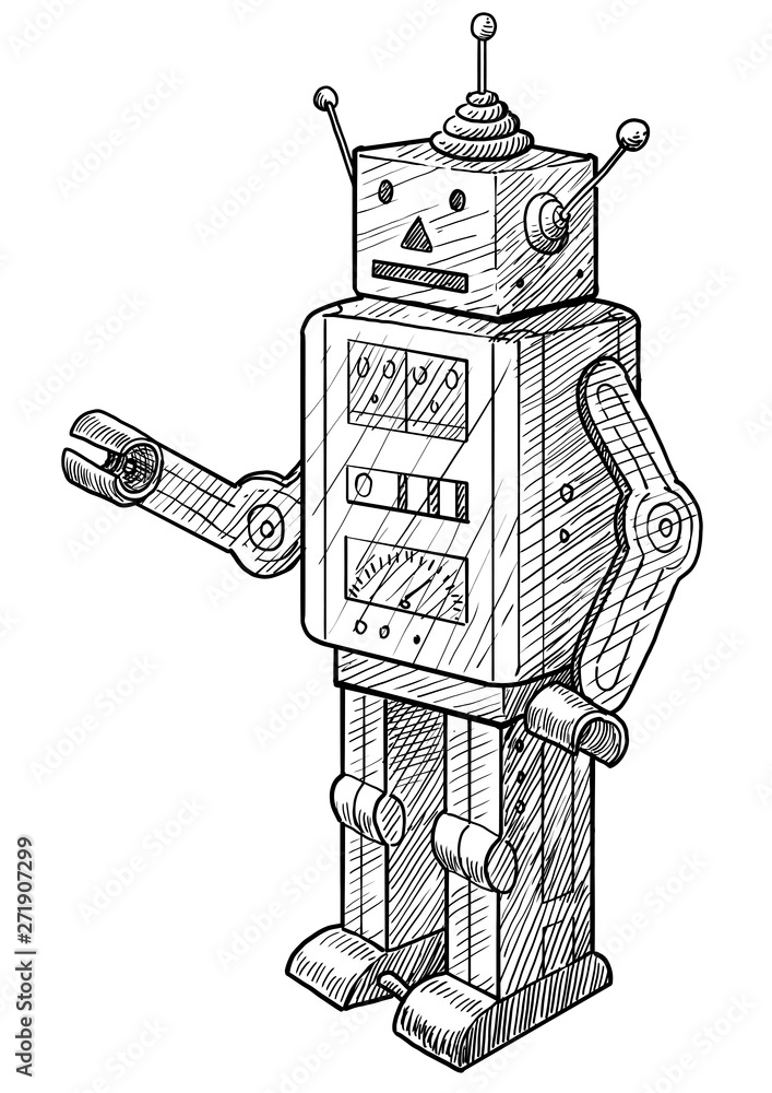 Toy robot illustration, drawing, engraving, ink, line art, vector Stock ...