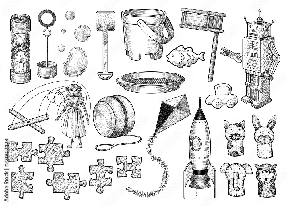 Toy collection illustration, drawing, engraving, ink, line art, vector ...