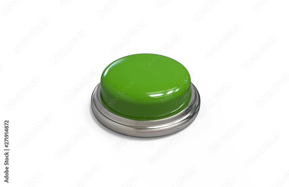 Green round push button with metallic border on isolated white ...