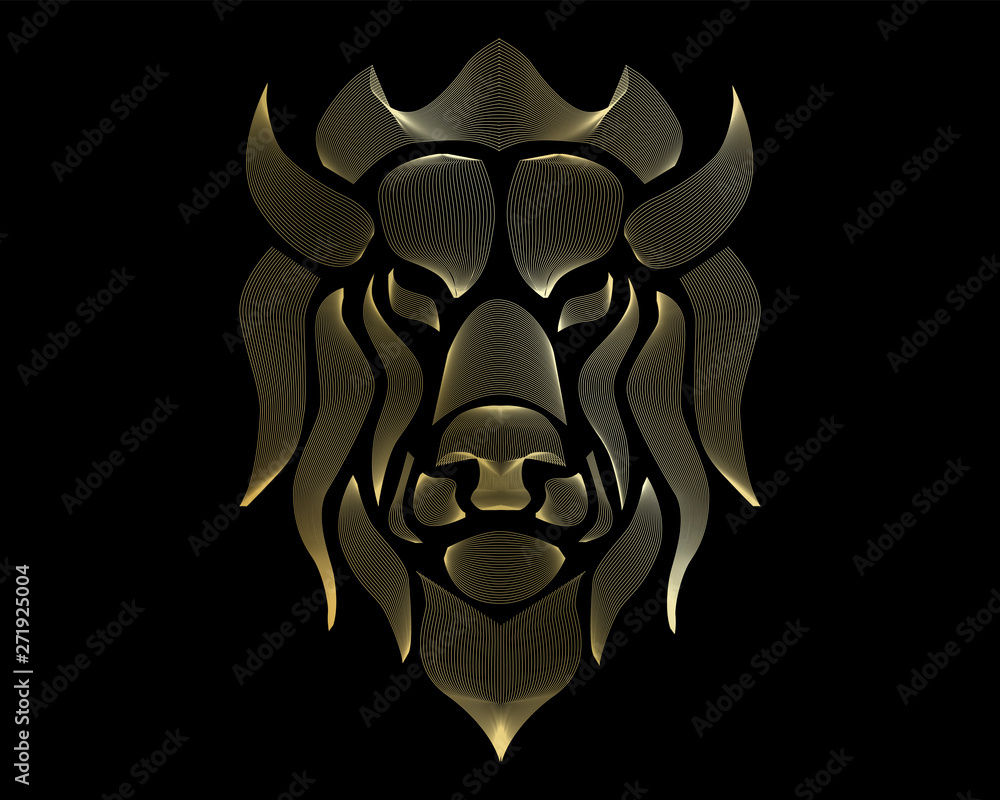 Linear stylized lion. Black and gold graphic. Vector illustration can ...
