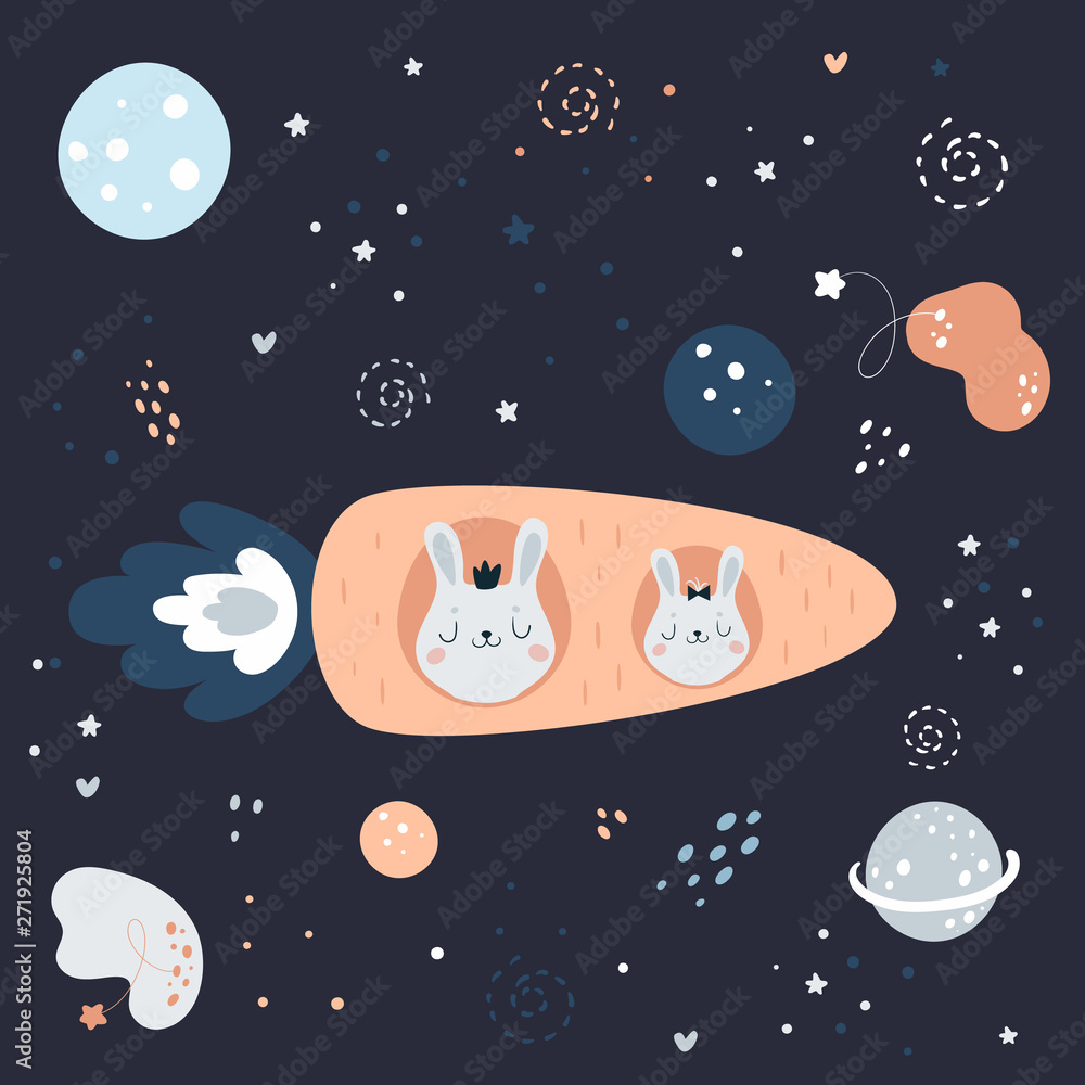 Cute spaceship rabbit bunny in carrot rocket in space go to the moon in ...