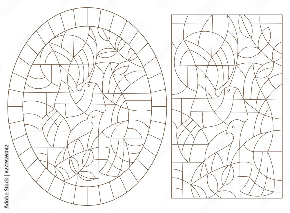 Set of contour illustrations of stained glass Windows with abstract ...