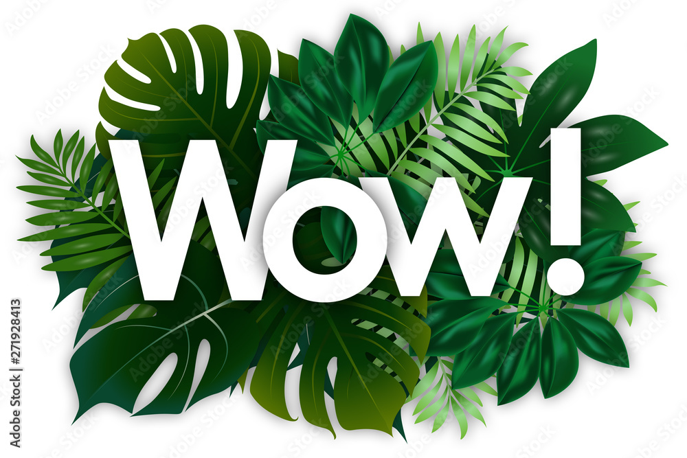 Wow word and green tropical’s leaves background Stock Illustration ...