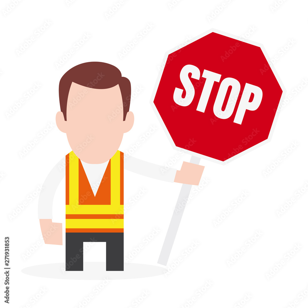 Vector flat cartoon road worker man character show stop sign. Isolated ...