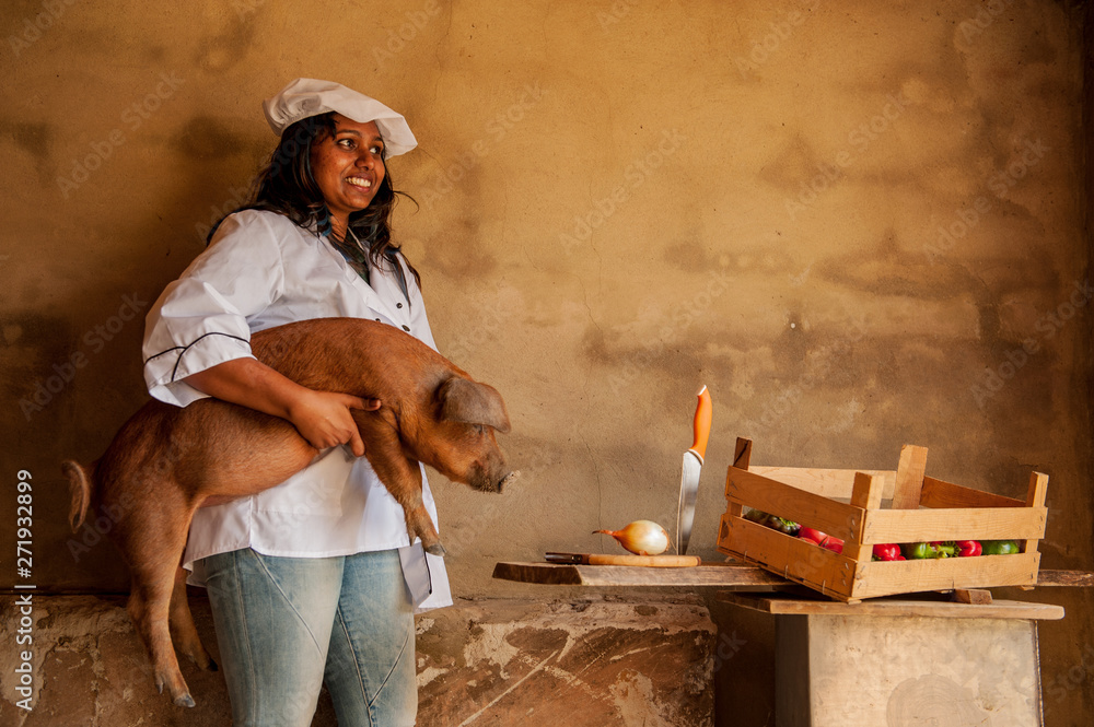 Attractive Indian woman cook posing with red pig. Closeup portrait of ...