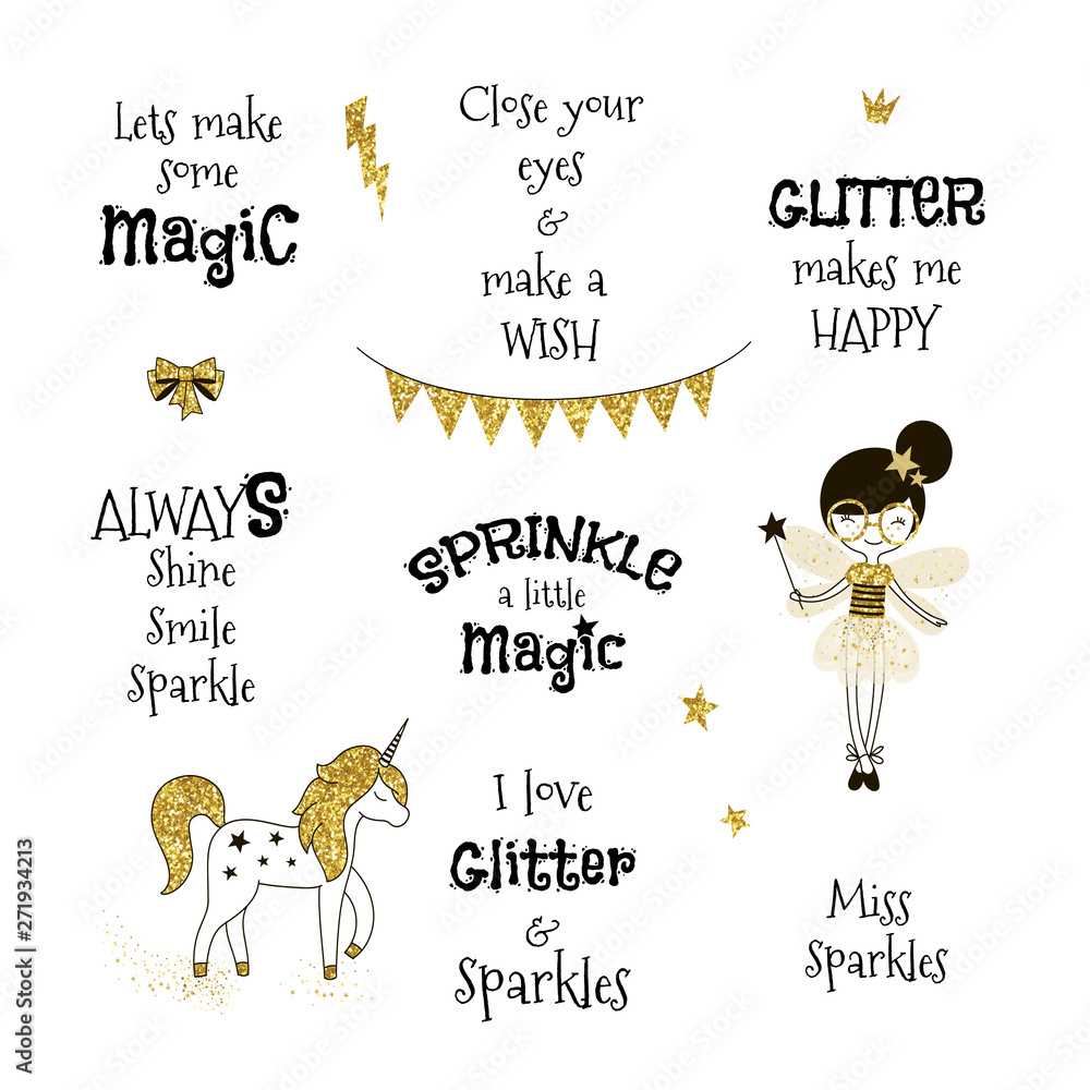 Magic black ink stylized phrases set. Positive hand drawn messages ...