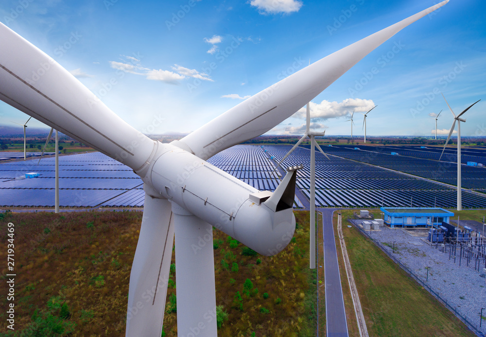 Solar energy panel photovoltaic cell and wind turbine farm power ...