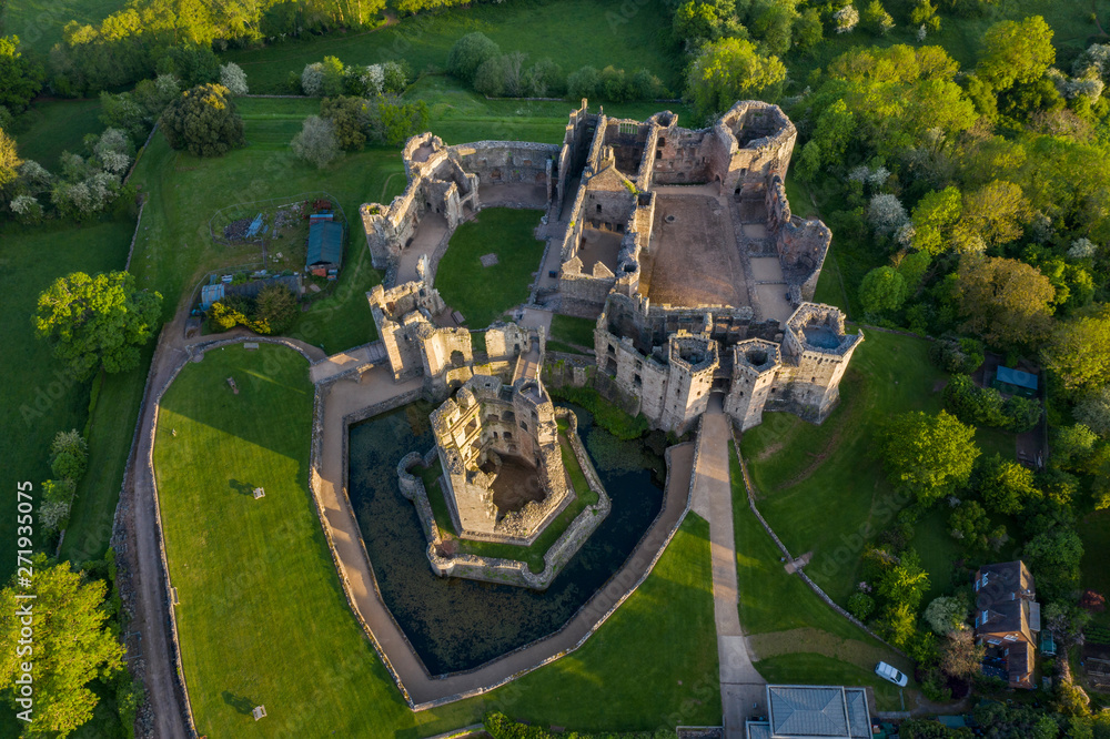 Poster Aerial panoramic view of the ruins of Raglan castle, a late ...