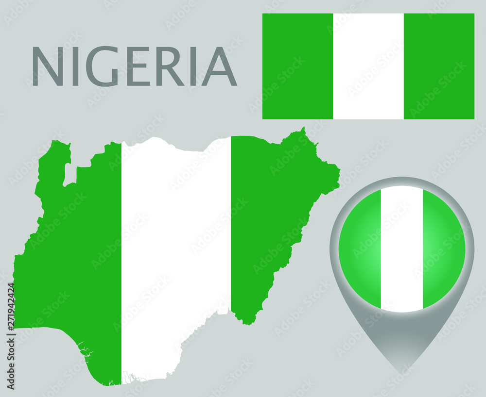Colorful flag, map pointer and map of Nigeria in the colors of the ...
