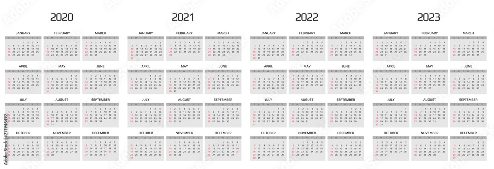 Calendar 2020, 2021, 2022, 2023 template. 12 Months. include holiday ...