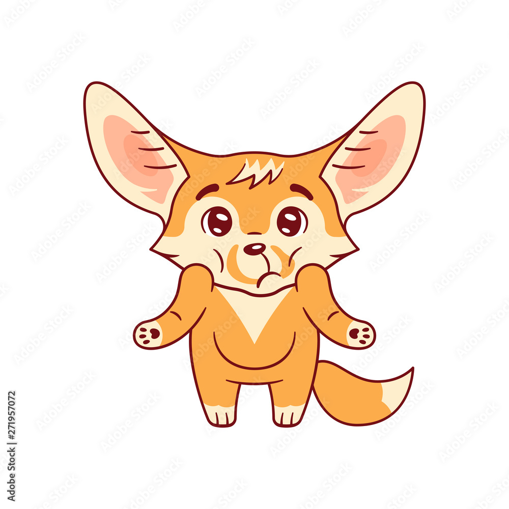 Puzzled fennec fox shrugs its shoulders. Cute kawaii cartoon character ...
