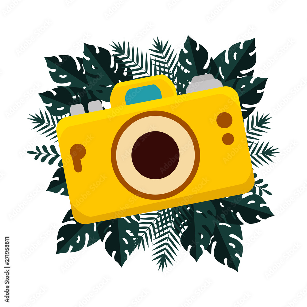 summer camera photographic and tropical leafs frame Stock Vector ...