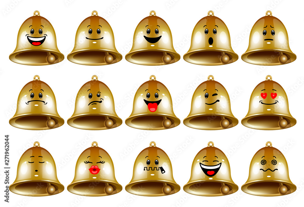 Vector set of bell emoticons. Collection of characters of metal gold ...