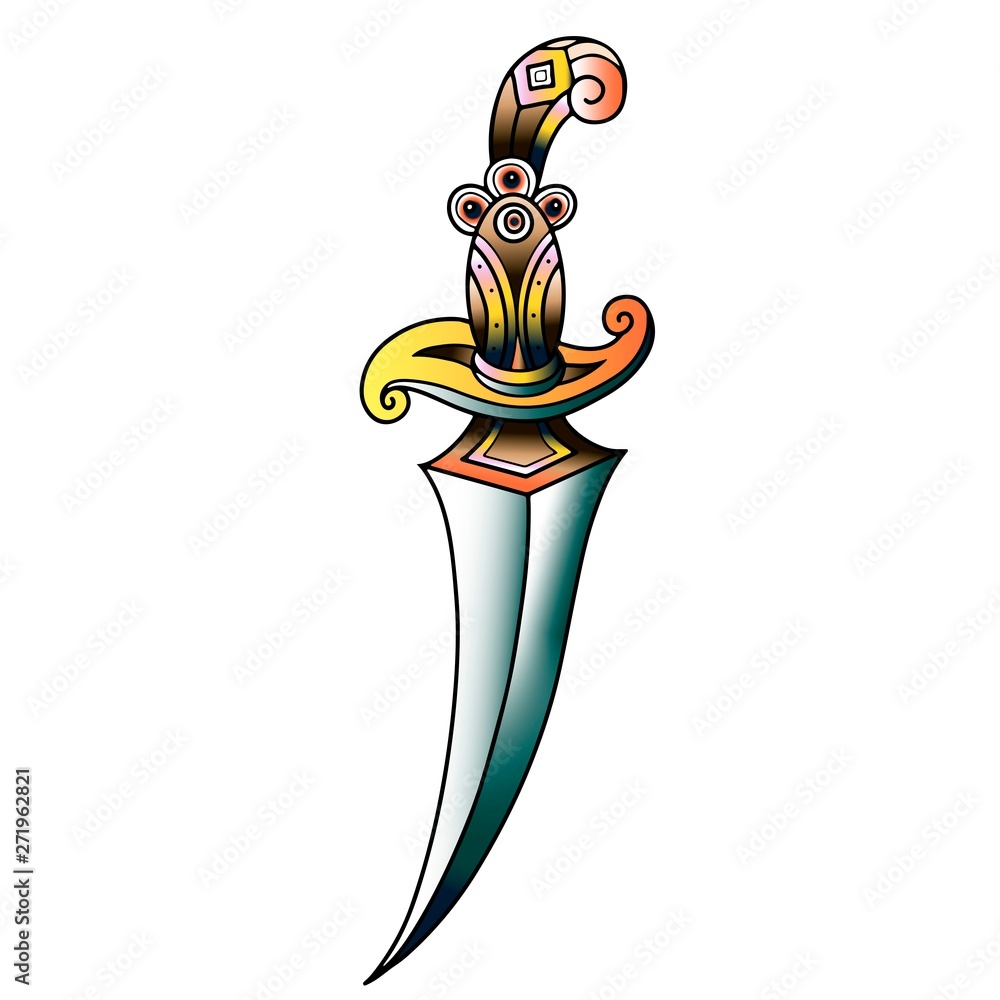 Traditional tattoo with dagger knife. Colorful Tattoo.Vector ...
