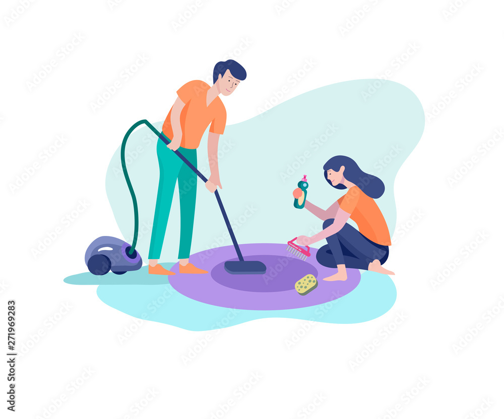 Scenes with family doing housework, kids girl helping father with home ...