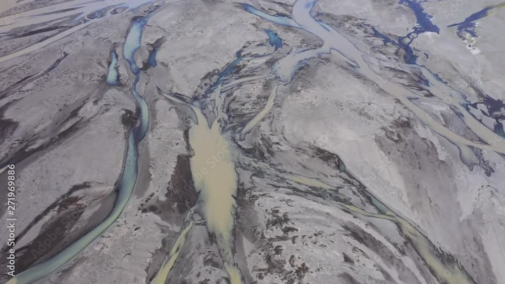 Aerial 4k drone view of a huge riverbed and delta, glacial river system ...