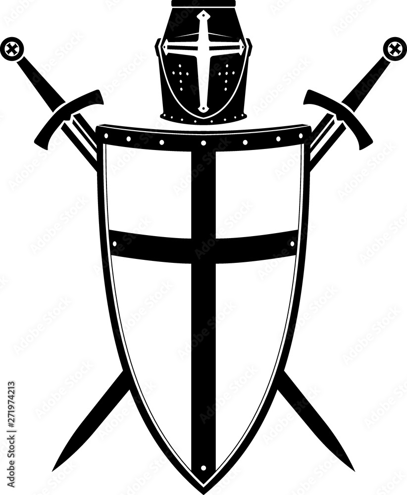 Crusader Coat Armor, Emblem of Medieval Helm, Long Sword and Shield ...