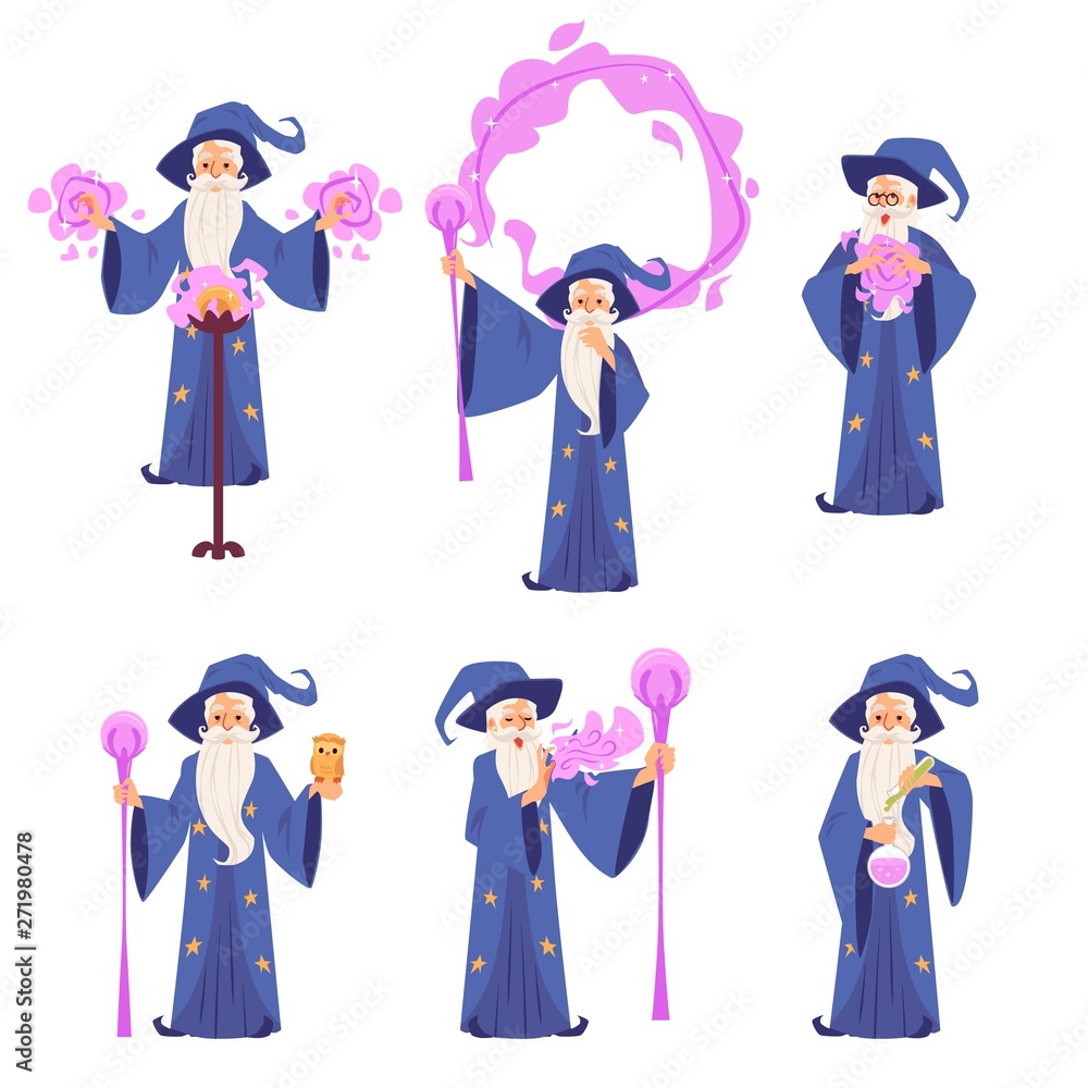 Set of wizard men in robe and hat stands making magic cartoon style ...