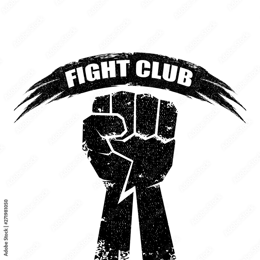 fight club vector logo or label with grunge black man fist isolated on ...