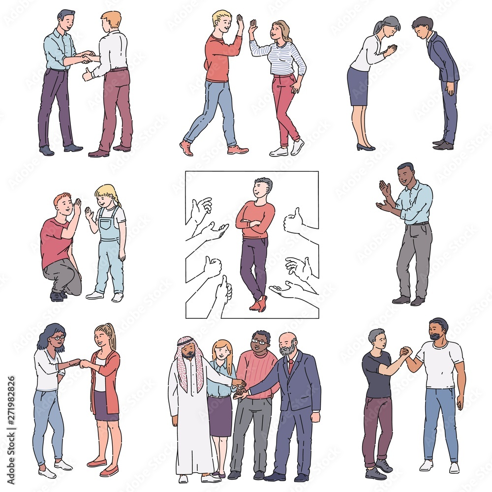 Set of cartoon people greeting each other - isolated vector ...