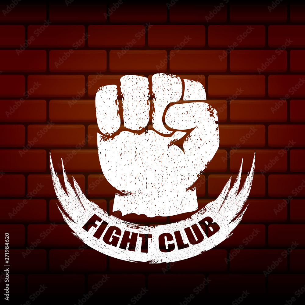 fight club vector logo or label with grunge black man fist isolated on ...