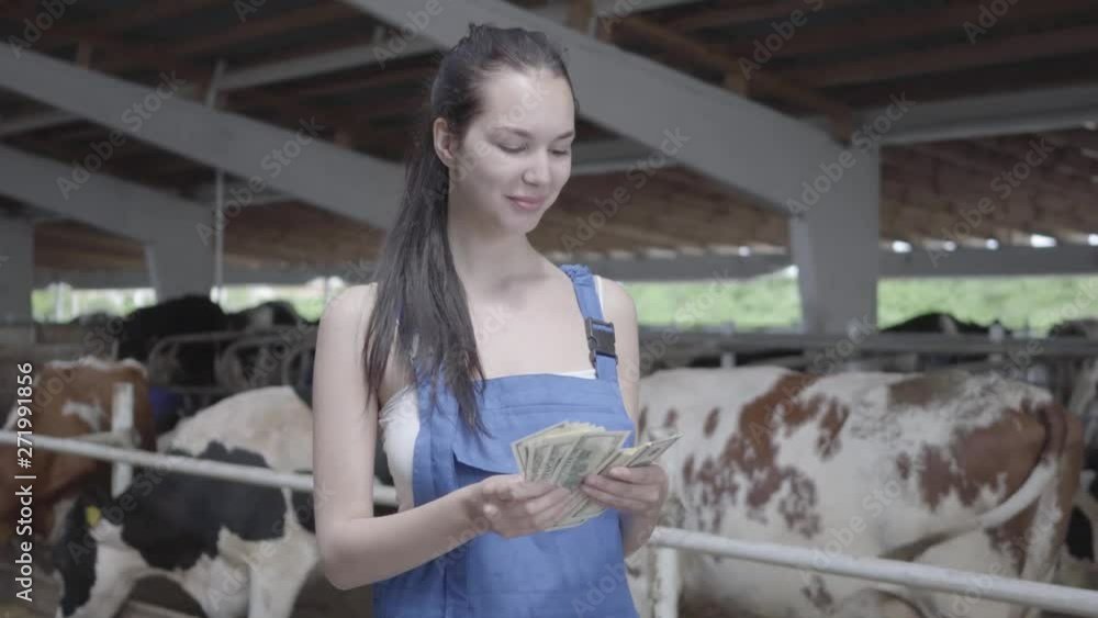 Portrait of young pretty female worker on the cow farm counting money ...