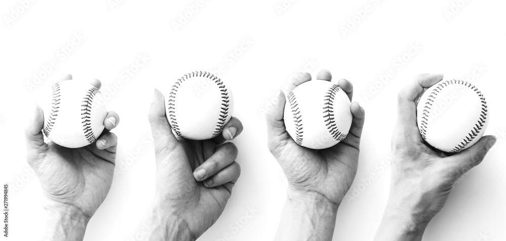 Baseball sport concept with hand holding ball in different positions ...