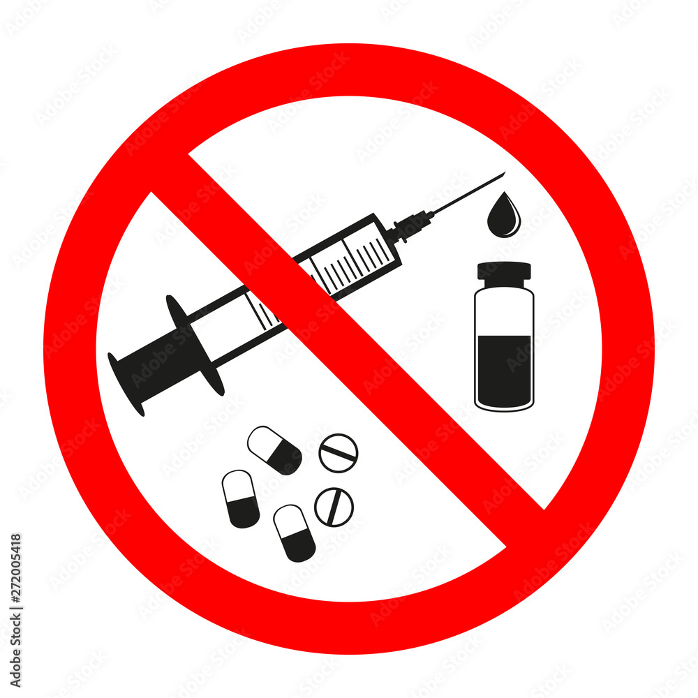 Drugs and pills prohibition sign icon. No syringe sticker. Injection ...