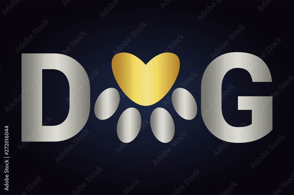 Isolated silver dog text with animal paw print instead letter o. Pet ...