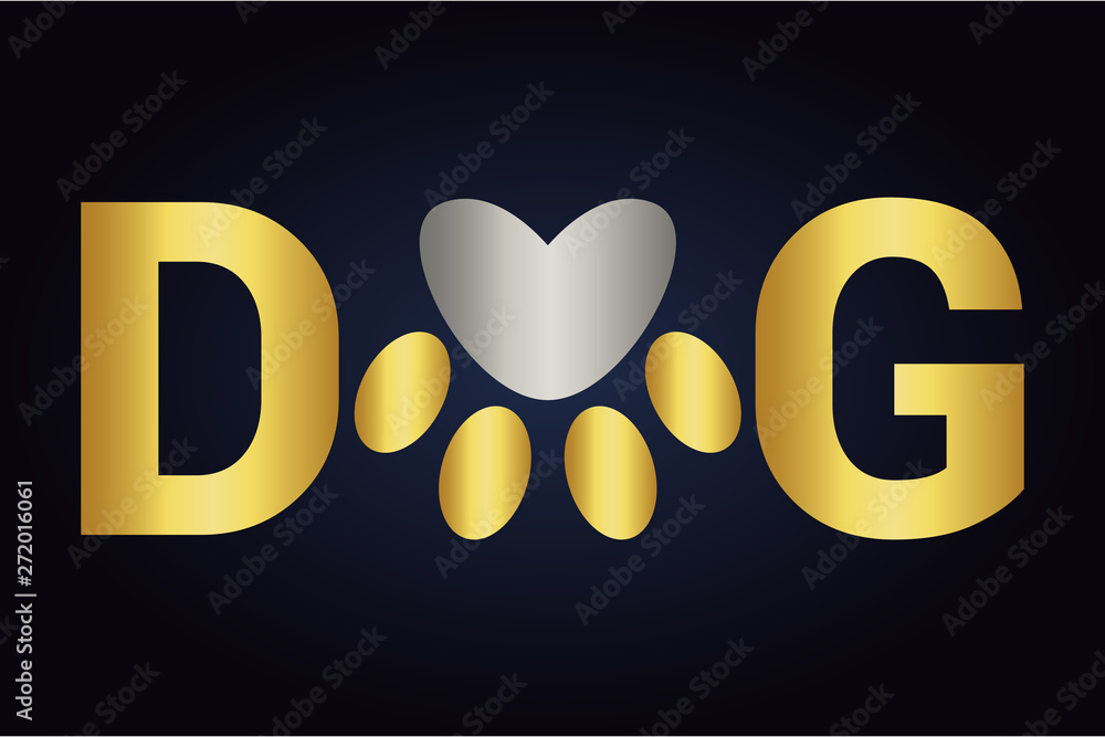 Isolated golden dog text with animal paw print instead letter o. Pet ...