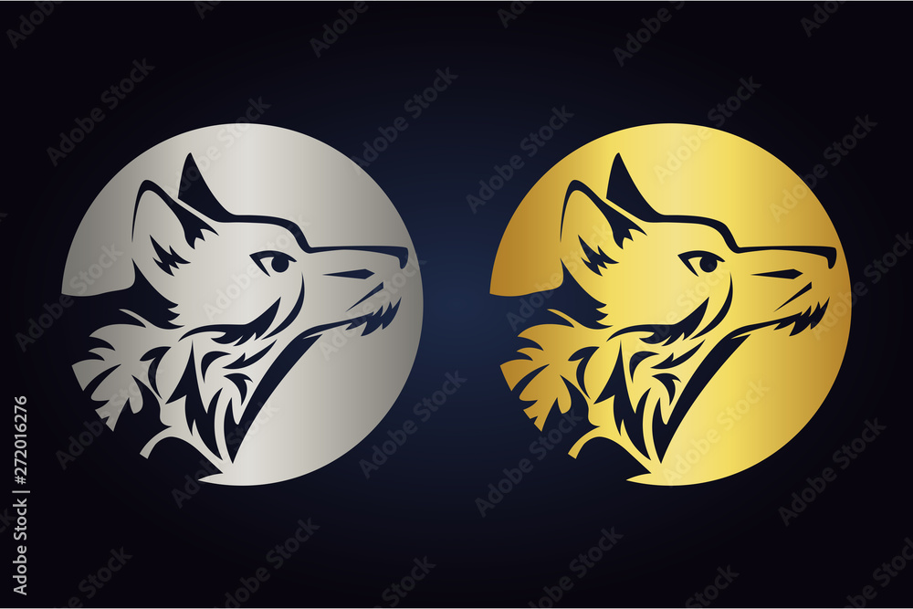 Vector wolf head silhouette inside circle in gold and silver colors ...