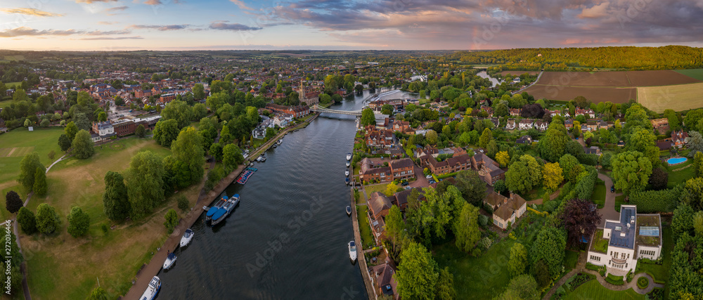 Dramatic aerial panoramic view of the beautiful town of Marlow in ...