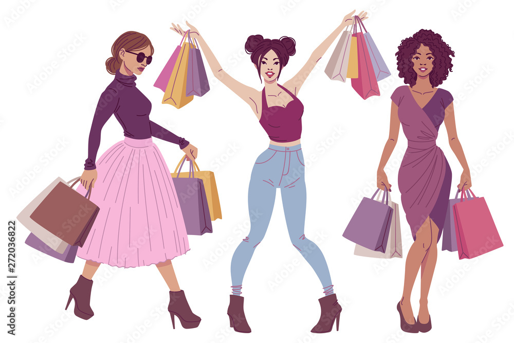 Fashion illustration. Happy shoppers women with shopping bags wearing ...
