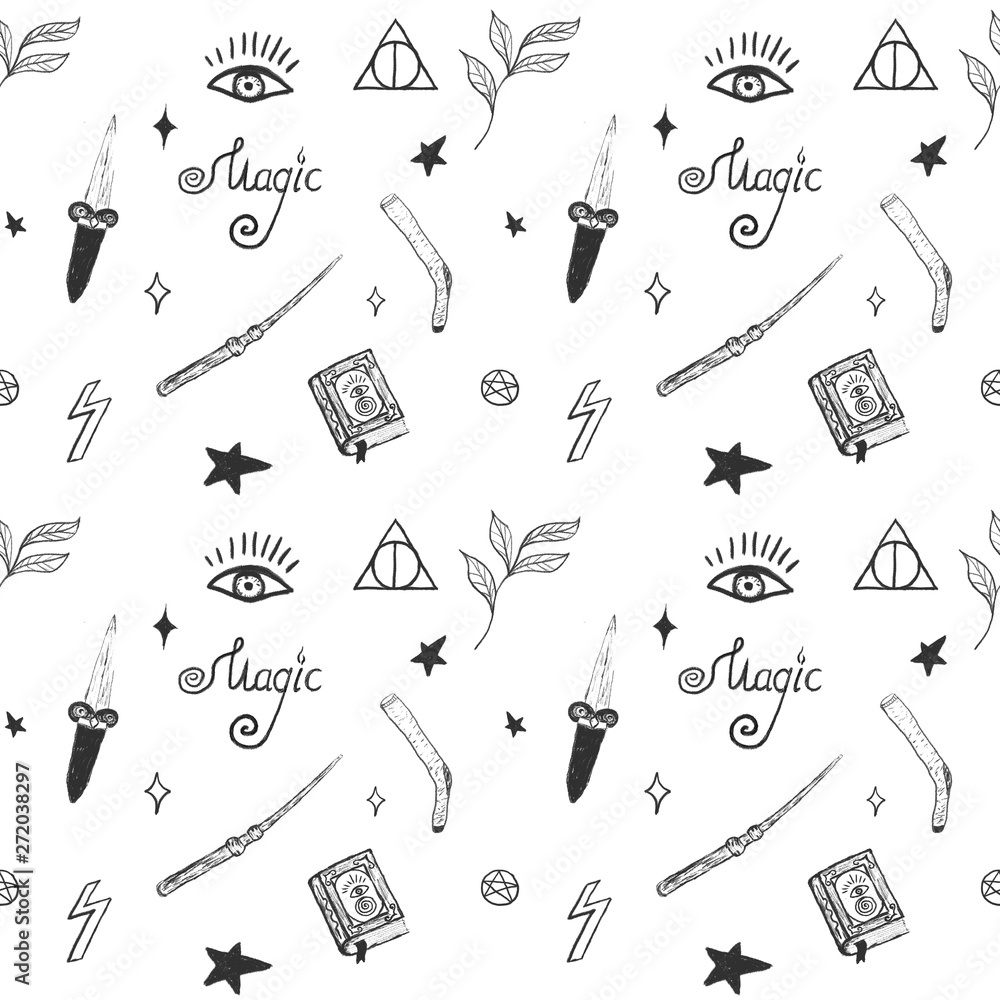 Magical pattern with wizards symbols as stars, magical wand, pentagrams ...