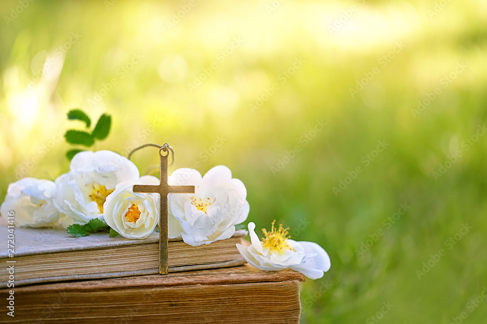 Christian religion background. old biblical books, Christian cross and ...