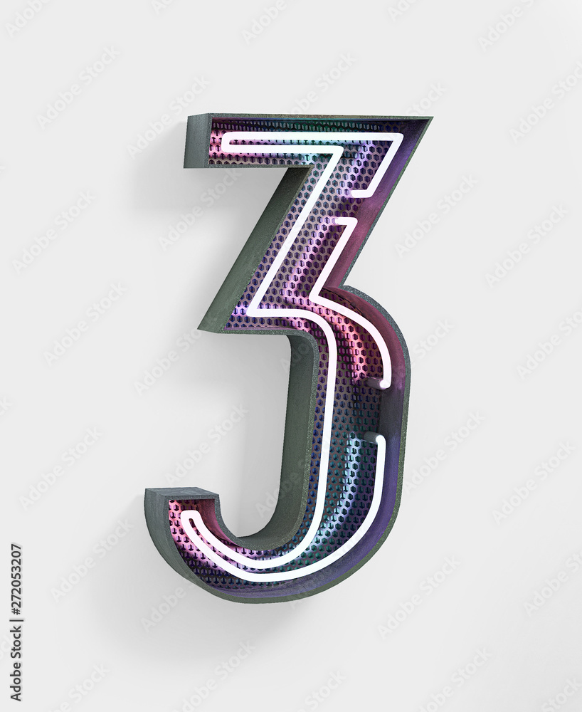 Vivid Neon Font with fluorescent wire and Bold Grey frame. Number 3 ...