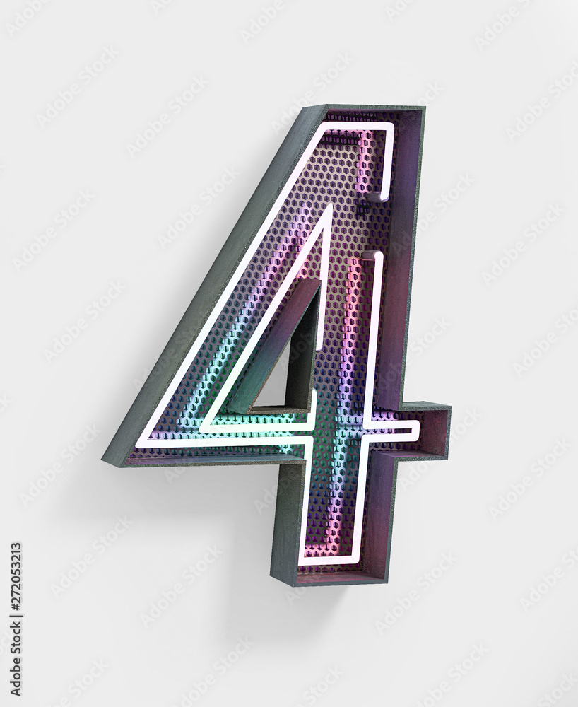 Vivid Neon Font with fluorescent wire and Bold Grey frame. Number 4 ...