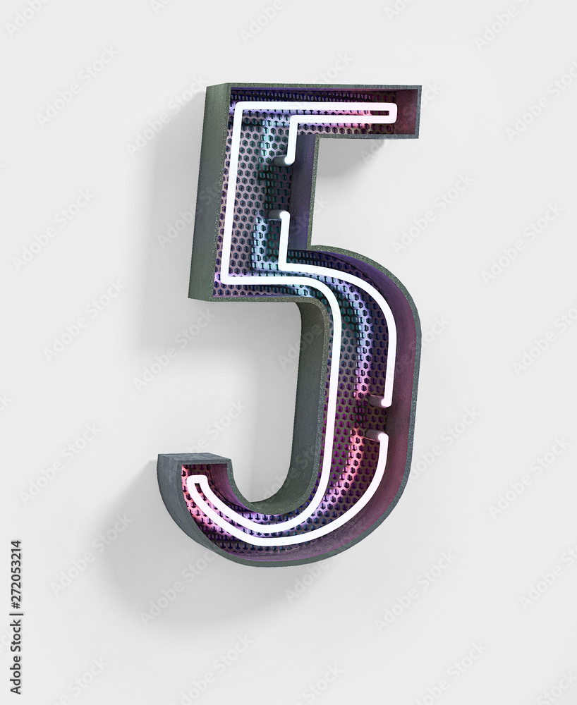 Vivid Neon Font with fluorescent wire and Bold Grey frame. Number 5 ...