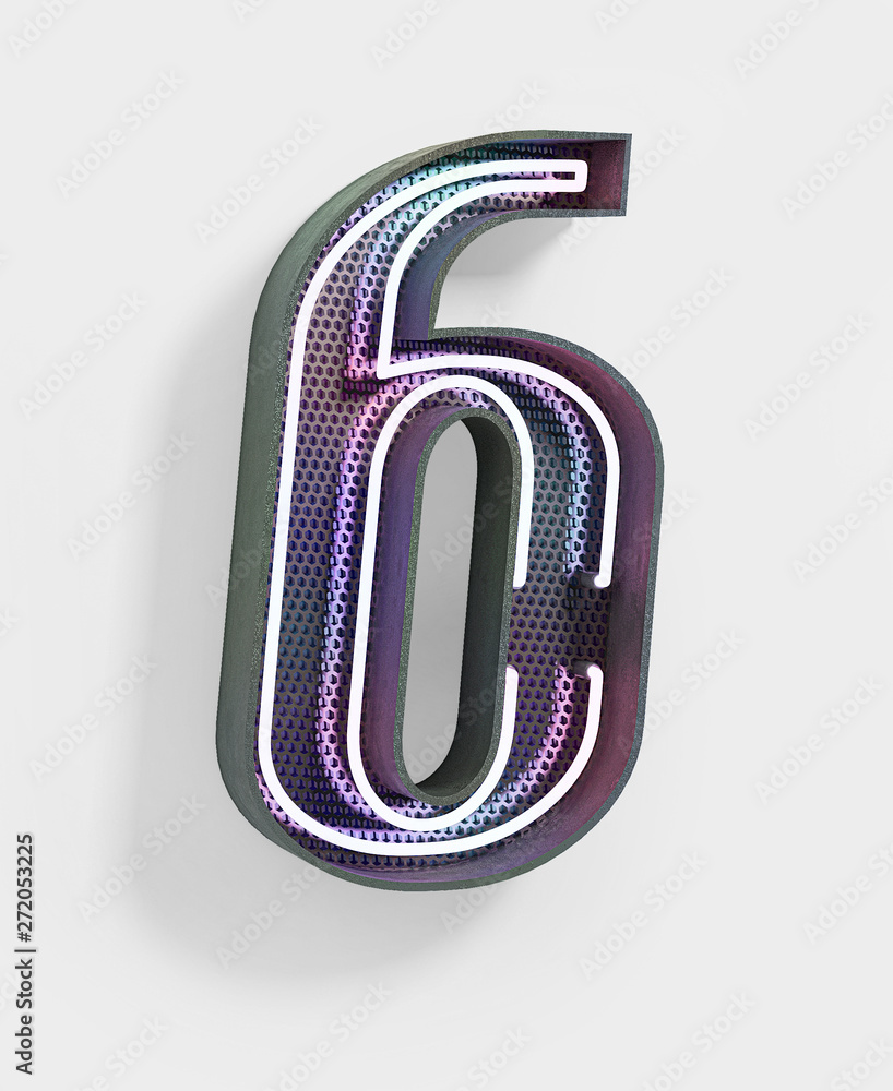 Vivid Neon Font with fluorescent wire and Bold Grey frame. Number 6 ...