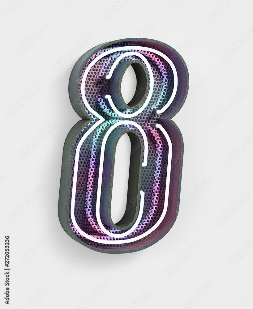 Vivid Neon Font with fluorescent wire and Bold Grey frame. Number 8 ...