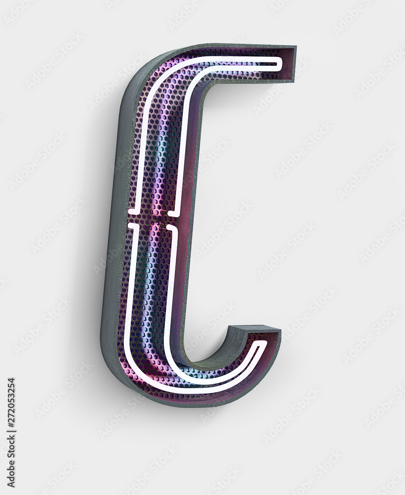 Vivid Neon Font with fluorescent wire and Bold Grey frame. Letter C ...