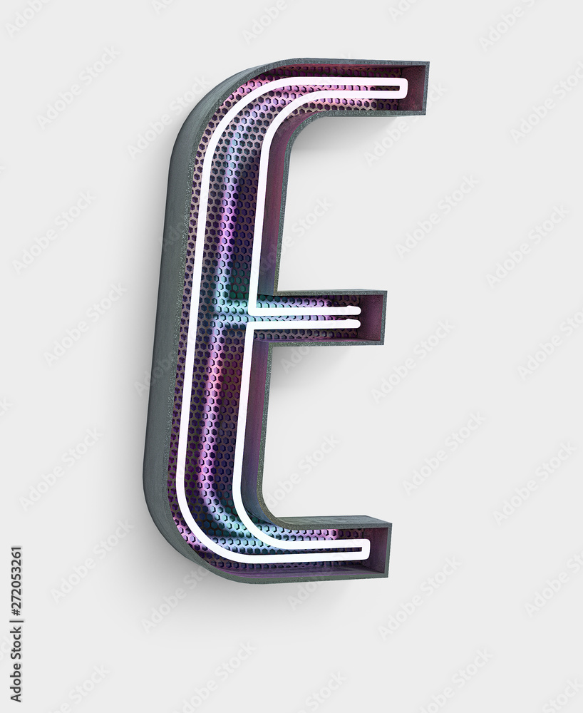 Vivid Neon Font with fluorescent wire and Bold Grey frame. Letter E ...